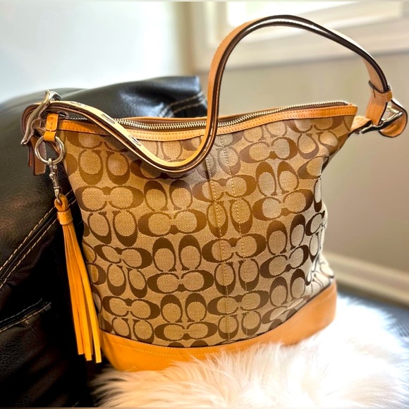 Coach | Bags | Coach Signature Monogram Tanbrown Leather Bag Preowned Condition | Poshmark